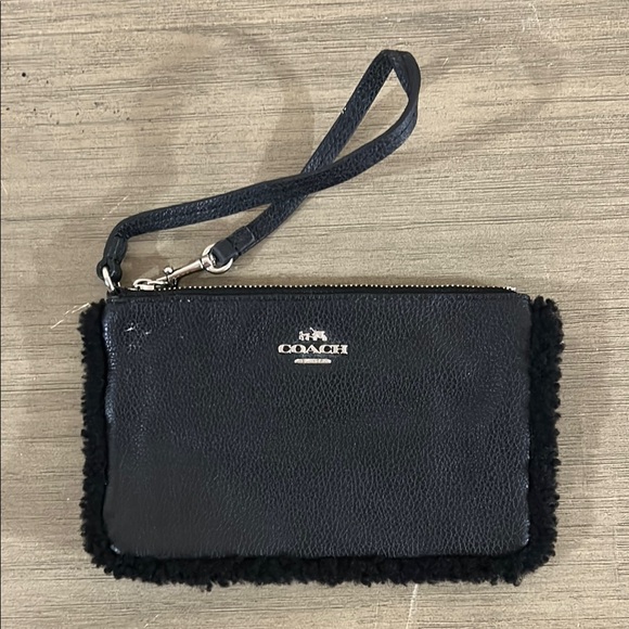 Coach | Bags | Coach Black Leather Wristlet With Shearling Trim | Poshmark